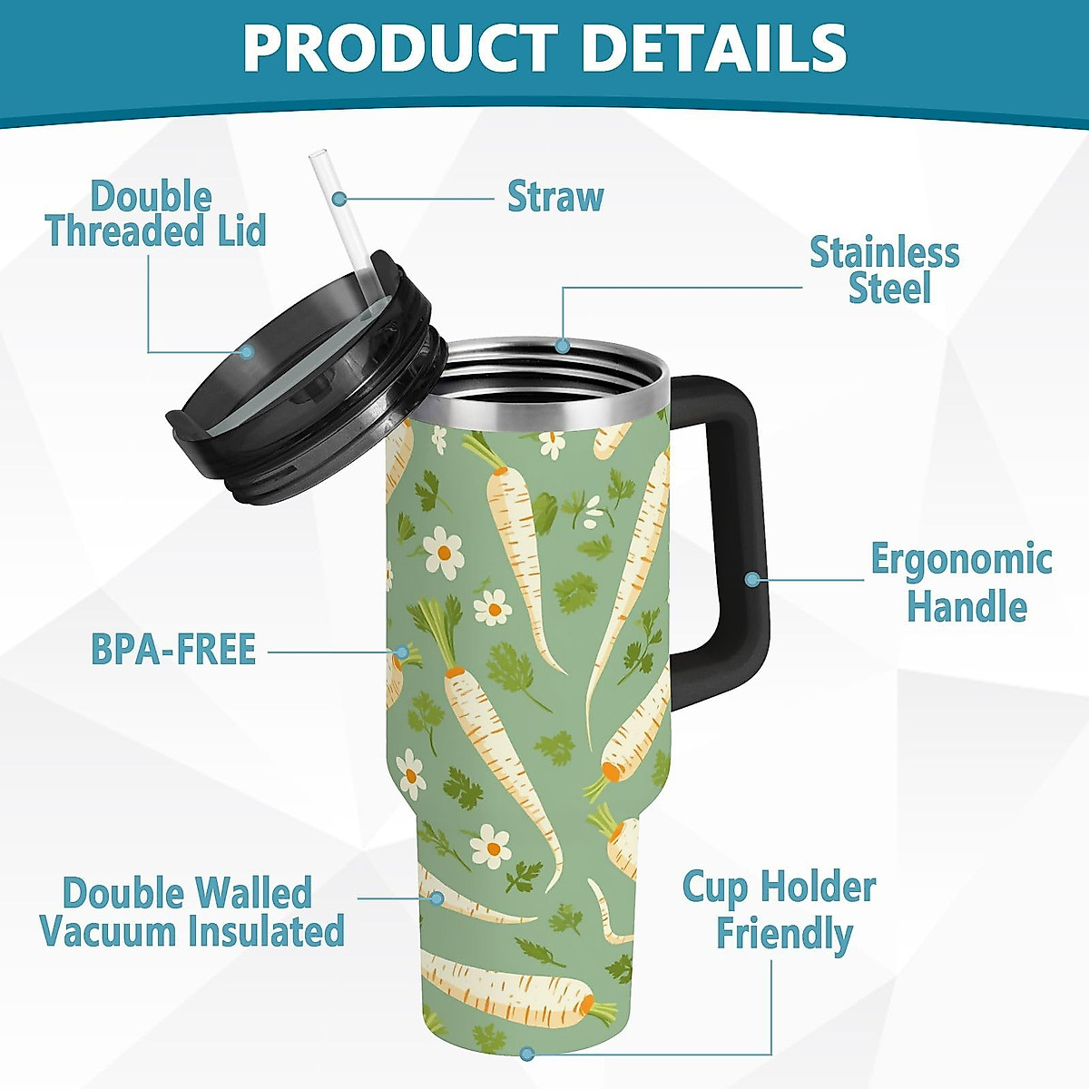 linqin Chic Radish Green Vacuum Insulated Tumbler with Straw Lid 40 oz Water Bottle with Strap Wide Mouth Mug for Water, Iced Tea or Coffee