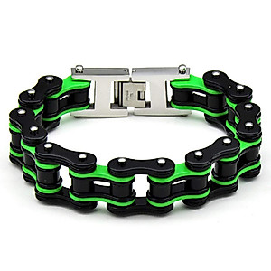 Qiaonitu Stainless Steel Mens Women Bike Bracelet Motorcycle Biker Chain WideHeavy Bangle Man Jewelry Two-tone Polished (Black-Green, 22.00)
