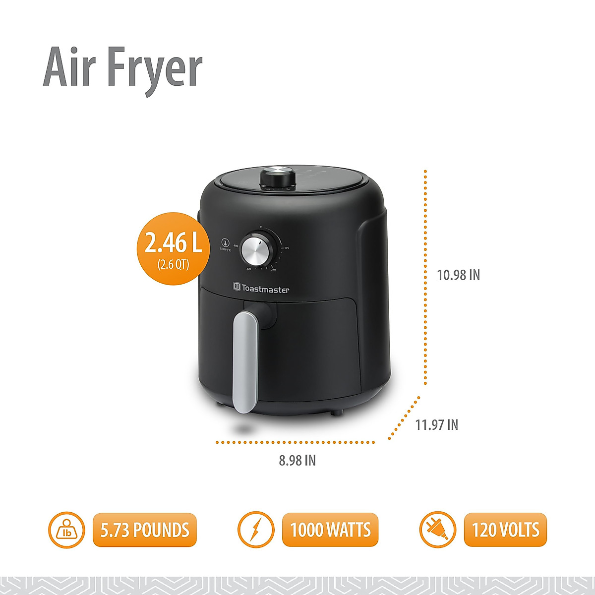 Toastmaster 2.6L Air Fryer (2.75 quart), Black, TM-262AF