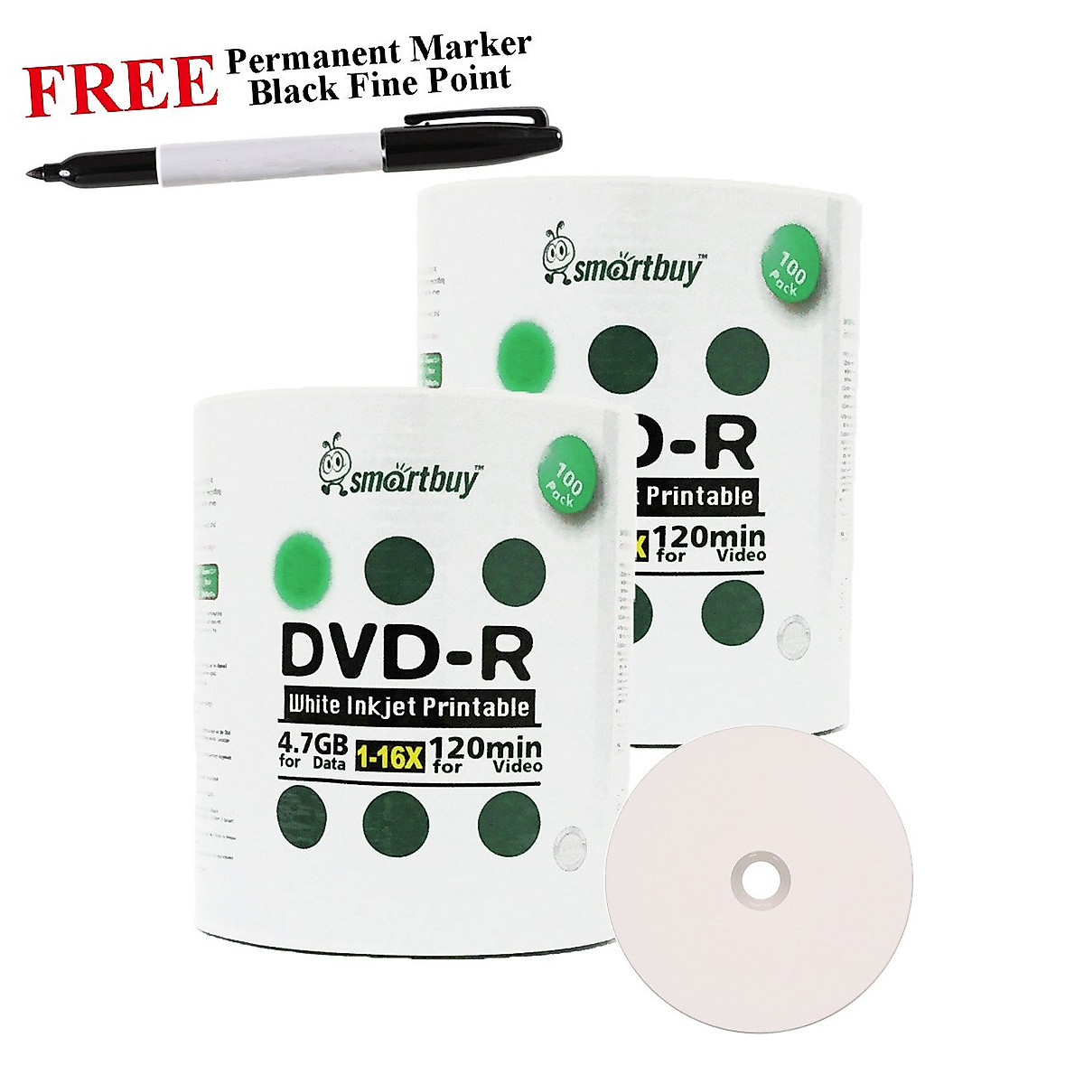 Smartbuy 200-disc 4.7GB/120min 16x DVD-R White Inkjet Hub Printable Blank Media Disc + Black Permanent Marker