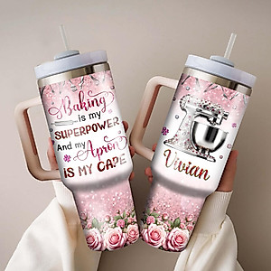 WAZONE Personalized Baking Tumbler 40oz with Handle and Straw Custom Name Jewelry Style Vacuum Insulated Travel Mug Cup Pastry Chef Cooking Themed Gifts For Cute Baker Women Who Love To Bake