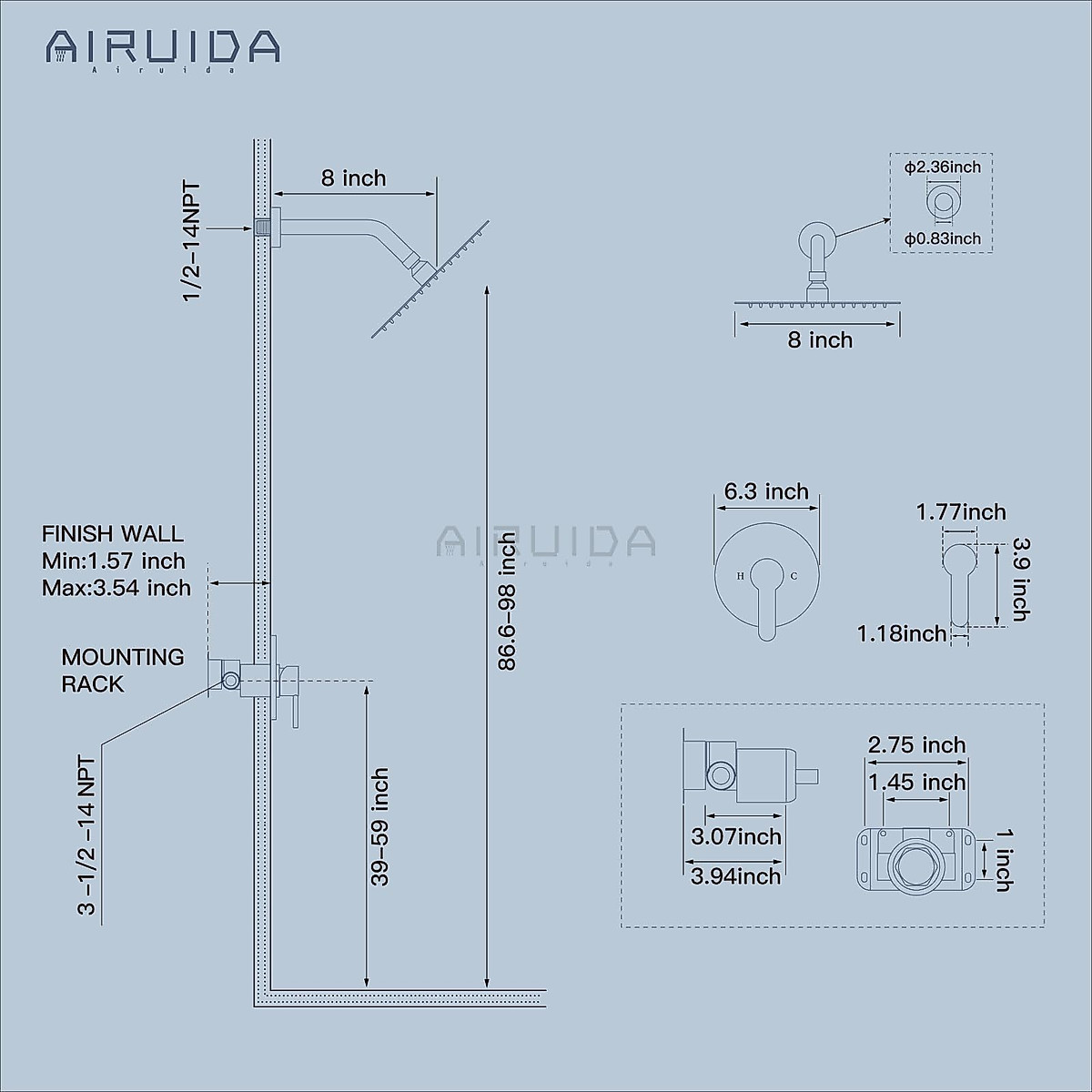Airuida Matte Black Single Function Shower Trim Kit Shower Faucet Set Wall Mount 8 Inch Round Rainfall Shower Head and Handle Set Single Handle Shower System Set with Female Threads Rough-in Valve