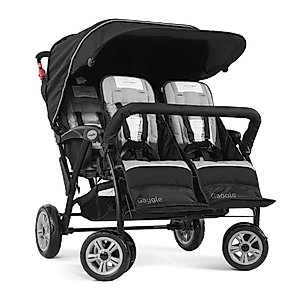 Gaggle by Foundations Compass Quad 4 Seat Stroller | 4-Seat Stroller for Daycare | 4-Seat Quad Stroller with Oversized UV Blocking Canopy | 5-Point Harness | Easy Loading | Storage Bucket | Black
