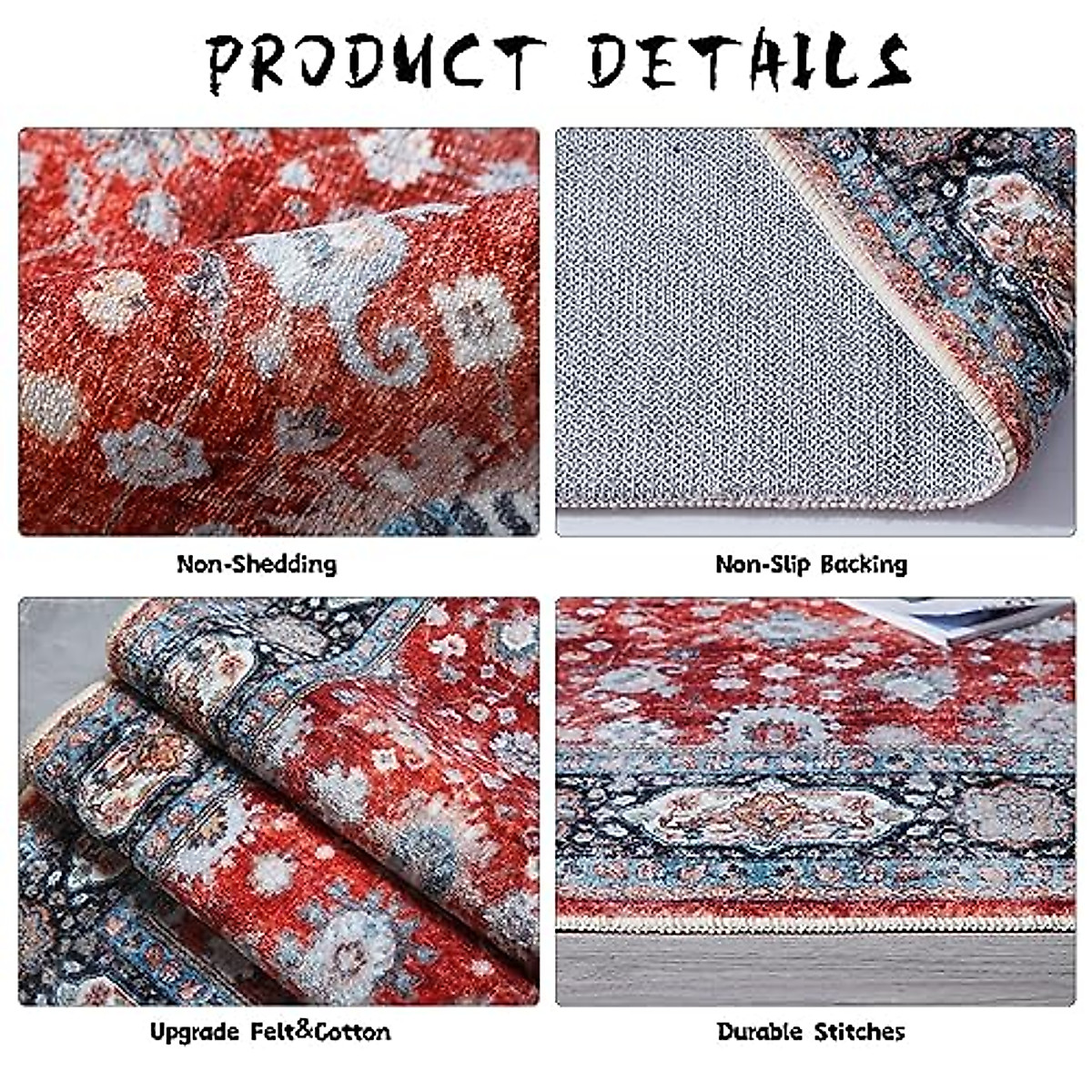 Rugcomf Area Rug 5x7 Washable Rug Boho Rug Soft Non-Slip Non-Shedding Faux Wool Vintage Rug for Living Room, Bedroom Rug, Farmhouse, Dining Room, Indoor, Kids Playroom (Red)