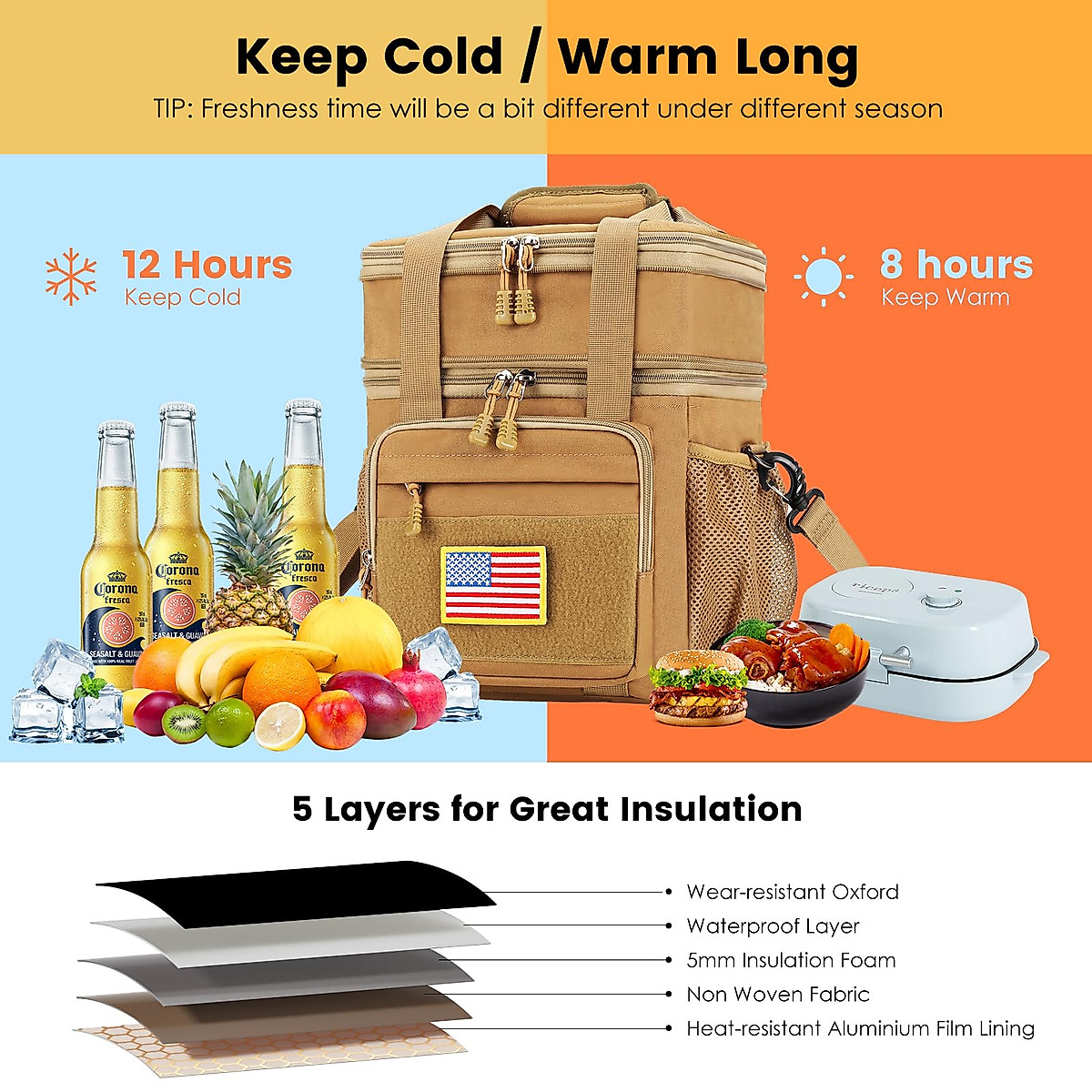 holuxer Large Expandable Tactical Lunch Box for Men, Durable Insulated Leakproof Lunch Bag, Heavy Duty Cooler Bag for Work Outdoor Picnic Travel Office Adults, Black, 15L