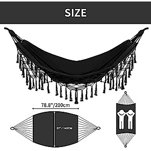 Bellzacasa Double Hammock, Heavy Duty 500 lb Load Capacity Tassels and Fishtail Knitting with Mounting Straps for Outdoor Camping Patio Balcony Black