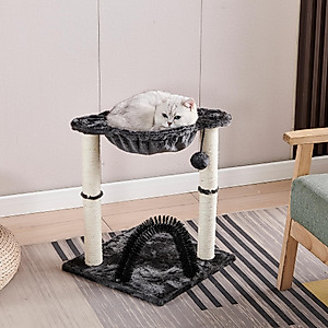 POLIPETS 19” Tall Cat Tower with Hammock,Sisal Scratching Posts and Pets Self Groomer Massager, Soft Hanging Basket Perch Hammock,Indoors Cat Furniture 16x15”, Gray