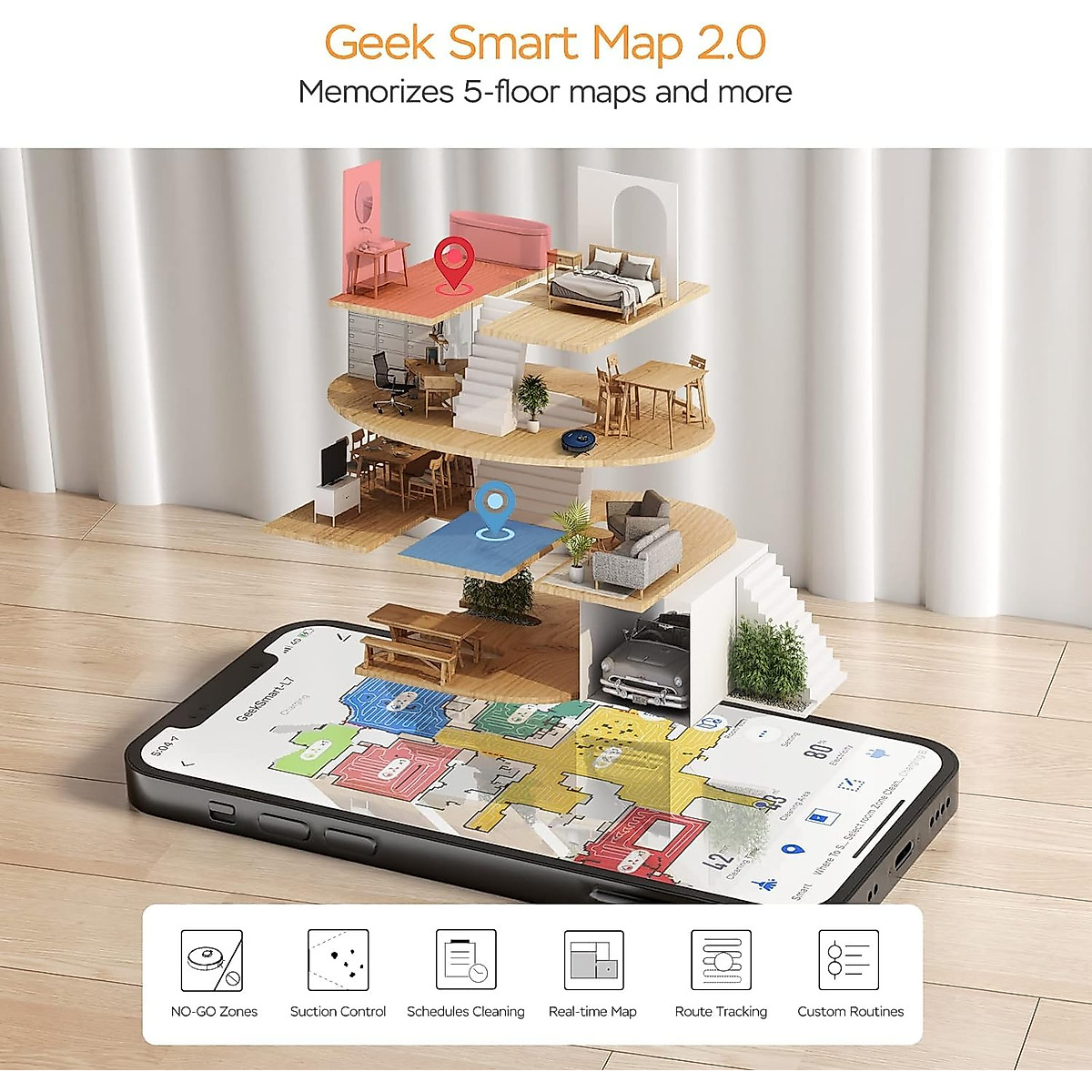 Geek Smart Robot Vacuum Cleaner and Mop L7, LDS Navigation, Wi-Fi Connected APP, Selective Room Cleaning, MAX 2700 PA Suction, Blue Ideal for Pets and Larger Home