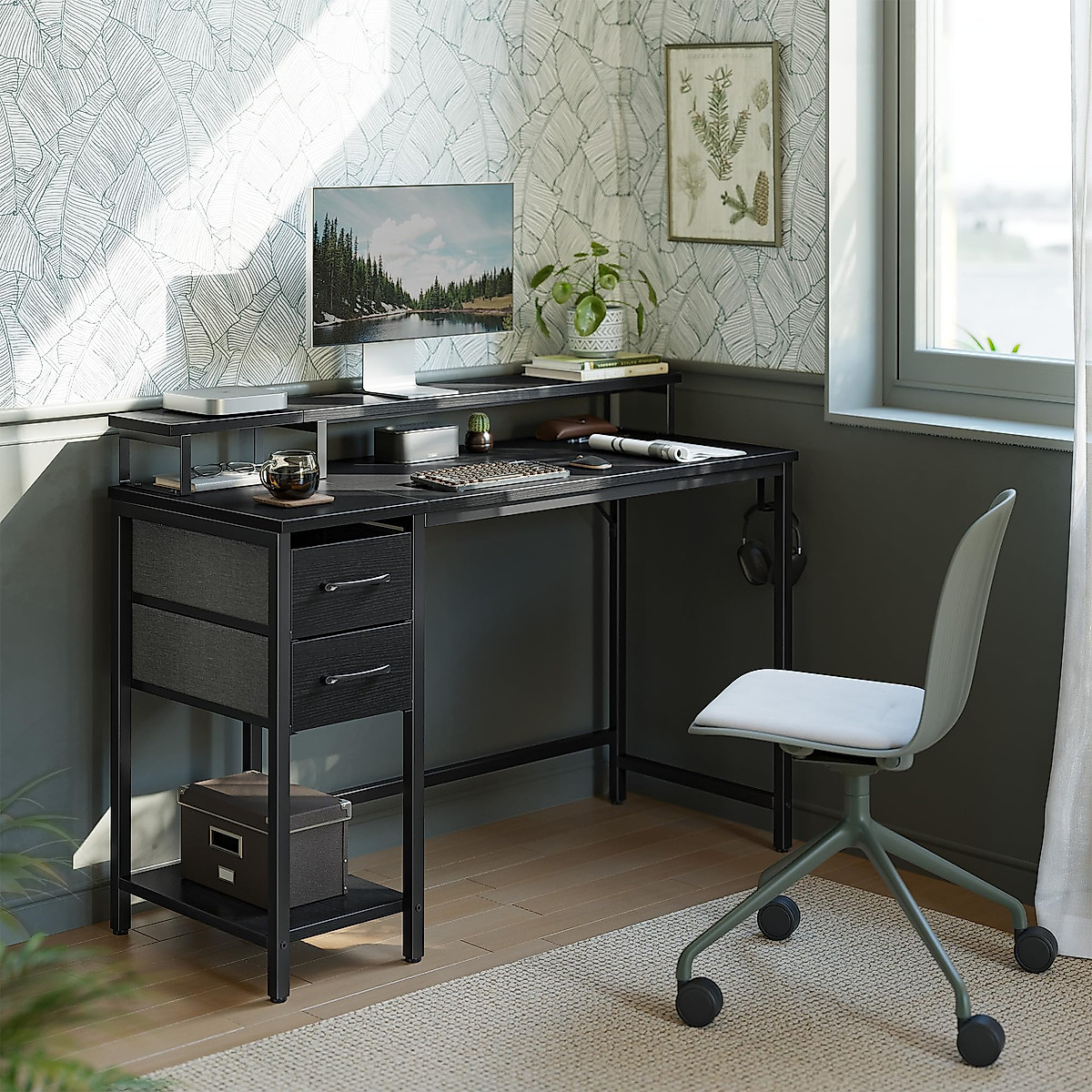 CubiCubi Computer Desk with Drawers, 47 Inch Reversible Office Desk with Monitor Stand and Storage Shelves, Work Writing Study Desk Table for Home, Black