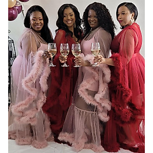 Changuan Sexy Feather Robes Long Fany Fur Tulle Maternity Robe for Photoshoot Sheer Lingerie Nightgown Bathrobe Sleepwear Wedding Scarf Black S/M