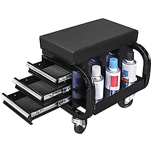 Torin APD2016AB Rolling Tool Chest/Tool Box with 3 Drawers and Wheels, Padded Mechanic Stool Creeper Seat, Black