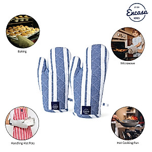 Encasa Homes Long 14" Oven Microwave Hand Gloves Mitts (2 pc Set) for Kitchen Cooking & Baking - Heat Resistant, Thick & Safe, Protection of Hands from Hot Utensils - Franca Blue Stripes
