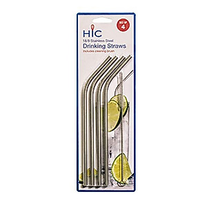 HIC Reusable Drinking Straws, Stainless Steel, Set of 4 with Cleaning Brush