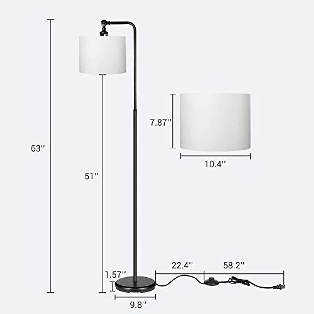 DEWENWILS 63 inch Black Floor Lamp with White Shade, Adjustable Lampshade, Tall Pole Standing Farmhouse Floor Lamp for Living Room, Bedroom, Office, Simple Style