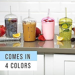 Maplefield Glass Tumbler with Dome Lid for Frappes, Smoothies & Iced Coffee - Dishwasher Safe Glass Tumbler with Straw - Spill-Resistant Iced Coffee Tumbler - Iced Coffee Cup - 16oz [Clear]