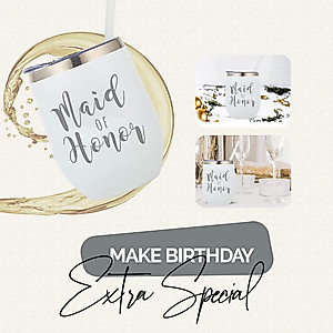 Your Dream Party Shop Maid of Honor Gifts Tumbler Cup, White Powder Coated Stainless Steel 12oz Stemless Proposal Wine Glass Maid of Honor Cup, Bridesmaid Tumblers (Maid of Honor)