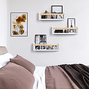 ZCO White Nursery Wall Shelves, 16 Inch Wooden Floating Shelves for Wall, Set of 3 Wall Mounted Shelves for Living Room, Bathroom Decor, Kitchen Spice Rack, White-Natural