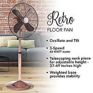 DecoBREEZE Pedestal Standing Fan, 3 Speed Oscillating Fan with Adjustable Height, Brushed Copper Antique Fan, 16 inches