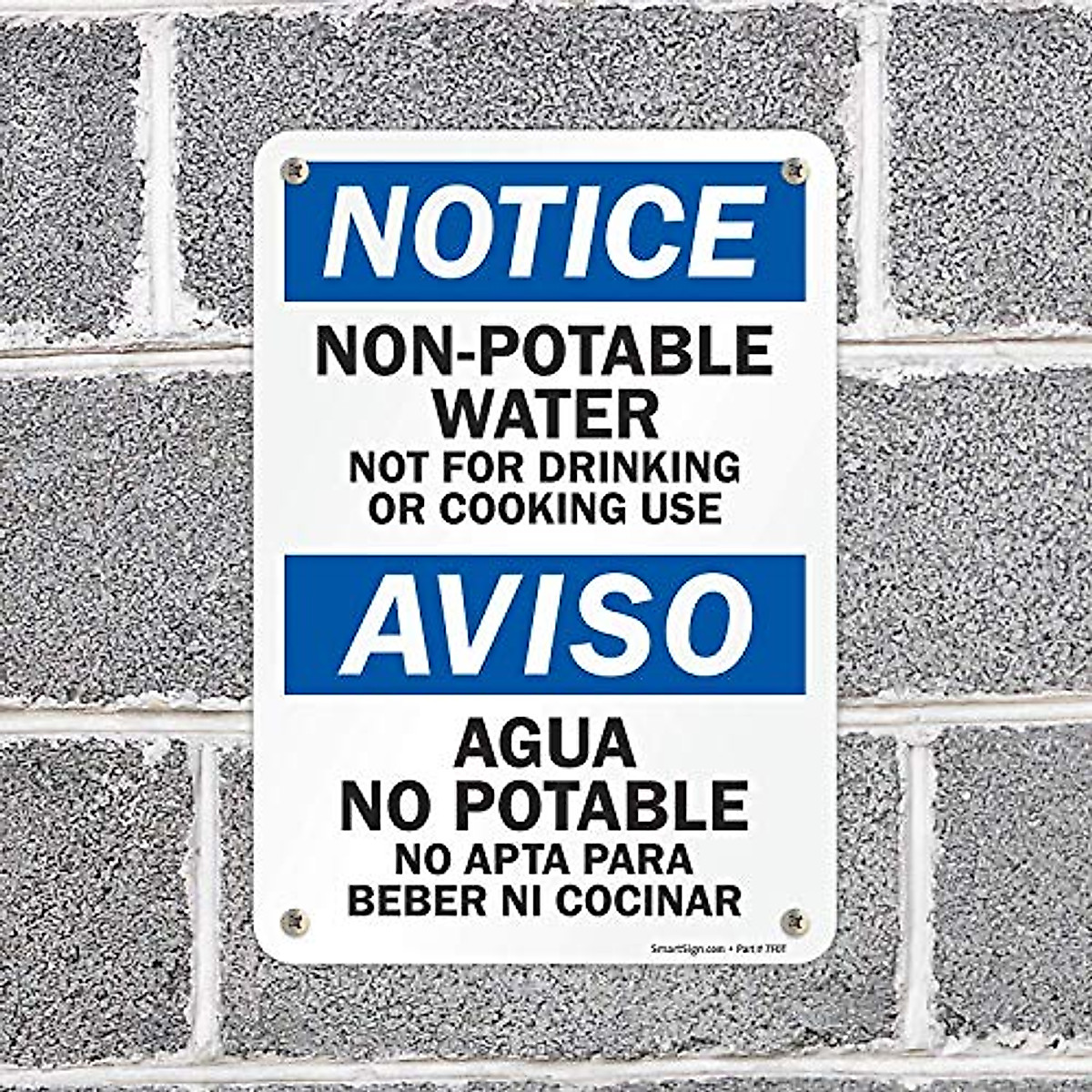 SmartSign - S-2841-AL-10 "Notice - Non-Potable Water, Not For Drinking Or Cooking" Bilingual Sign | 7" x 10" Aluminum Black/Blue on White