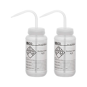 EISCO 2PK Wash Bottles for Distilled Water, 500ml - Labeled with Chemical Information & Safety Information (1 Color) - Wide Mouth, Self Venting, Low Density Polyethylene - Performance Plastics Labs