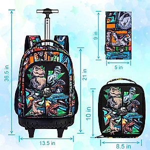 CCJPX 3PCS Rolling Backpack for Men, 21 Inch Water Resistant Dinosaur Backpacks with Roller Wheels, Wheeled Bookbag for Teens Boys Elementary School Travel