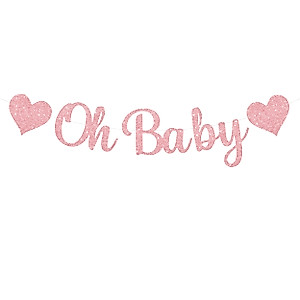 Pre-Strung Baby Shower Banner Oh Baby Sign Rose Gold Glittery Letters | Teddy Bear Gender Reveal Decorations | Baby Sprinkle Decorations for Girl Boy | Baby Gender Reveal Party Decoration Supplies