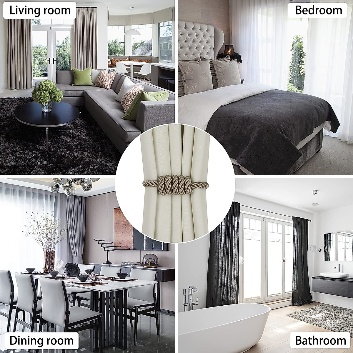 BEL AVENIR Magnetic Curtain Tiebacks, Decorative Drapery Holdbacks Modern Woven Tie-Backs with Exquisite Knot (Flaxen, 2 Pack)