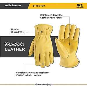 Wells Lamont Leather Work Gloves for Men, Reinforced Cowhide with Palm Patch, Saddletan, Medium (1129M)