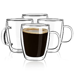 YUNCANG Double Wall Glass Coffee mugs, (4-Pcak) 16 Ounces-Clear Glass Coffee Cups with Handle,Insulated Coffee Glass,Cappuccino Cups,Tea Cups,Latte Cups,Beverage Glasses Heat Resistant