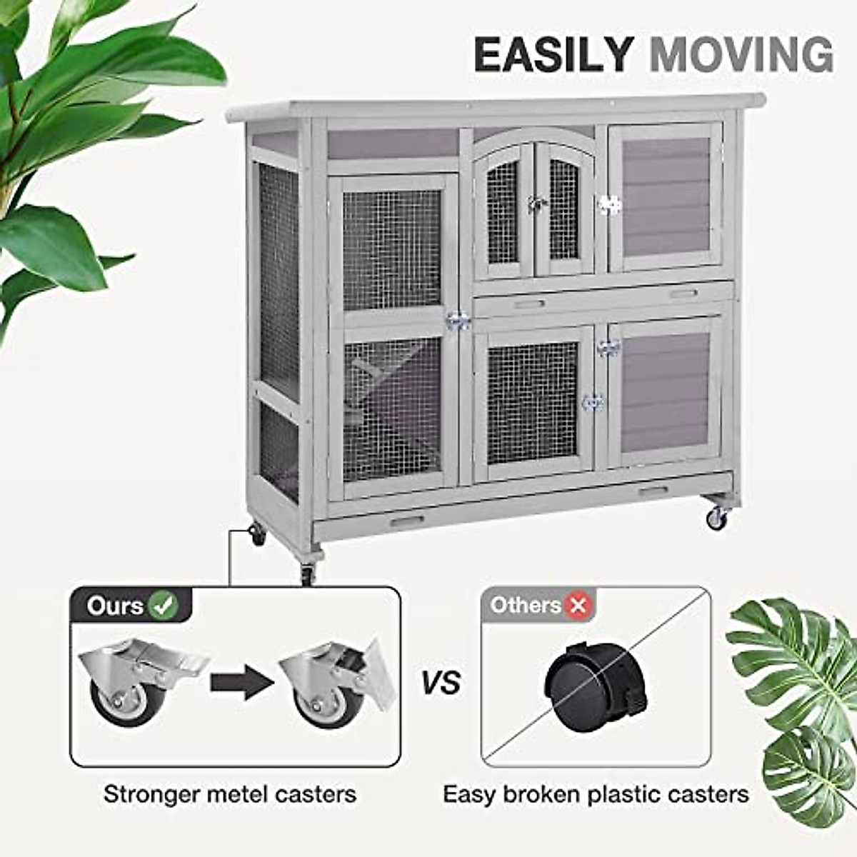 MEDEHOO Two-Story Rabbit Hutch with Wheels Guinea Pig Cage Indoor Outdoor Bunny Cage with 2 Deep Leakproof Tray