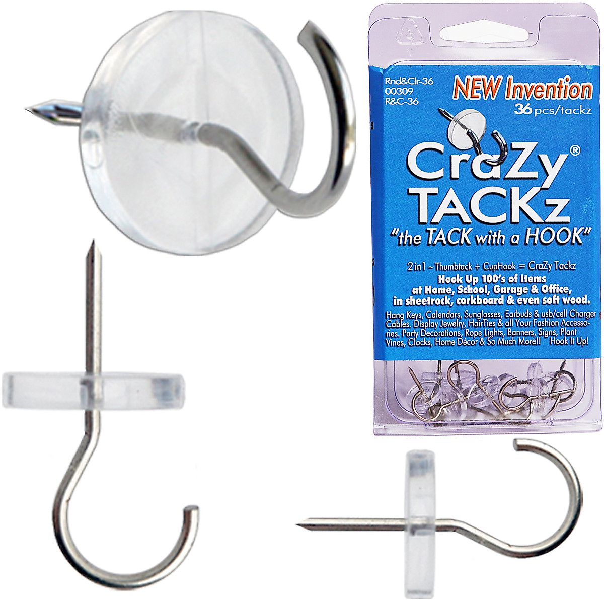 CraZy TACKz 36 Tacks - 2 in 1: Push pin Hook tack - New Invention Hang 100's of Items Interior or Exterior Decor at Home, School, Office, DIY, for Party or Holiday (Clear, 36pc)