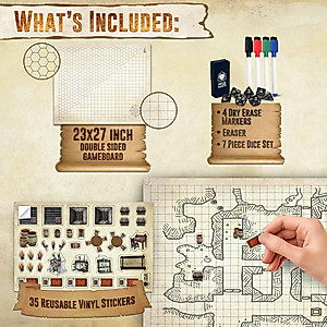 Melee Mats DND Map Starter Kit for Dungeons & Dragons Game - 23” x 27" Double Sided, Wet/Dry Erase Battle Terrain Grid - Ultimate Tabletop Board Gaming Experience with Accessories