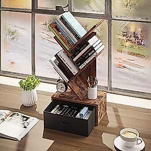 Rolanstar Bookshelf with Drawer, 9-Tier Tree Bookshelf, Wooden Bookshelves Storage Rack for CDs/Movies/Books, Rustic Brown Bookcase, Utility Organizer Shelves for Living Room, Bedroom, Home Office