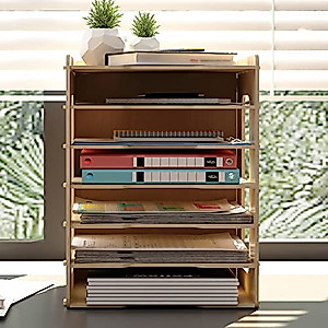 PUNCIA 7Tier Widthways Wood Office Paper Organizer for Desk Desktop File Holder Desk Letter Tray &A4 Paper Sorter Document Book Magazine Storage Shelf Rack Desk Organizer for Classroom Home Office