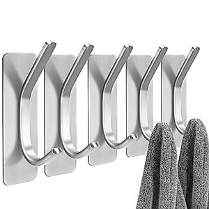 Tivcck Adhesive Towel Hook,5 Pack Adhesive Wall Hooks,Stick on Wall Hooks for Hanging Robe Coat,Metal Adhesive Hooks Heavy Duty,Stainless Steel Bath Towel Hooks for Bathrooms Kitchen,Silver