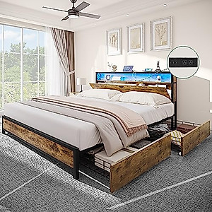 YITAHOME Queen Size Bed Frame, LED Bed Frame with 4 Drawers & Charging Station, Wooden Storage Headboard Platform Bed with Metal Slats Support, No Box Spring Needed, Vintage Brown