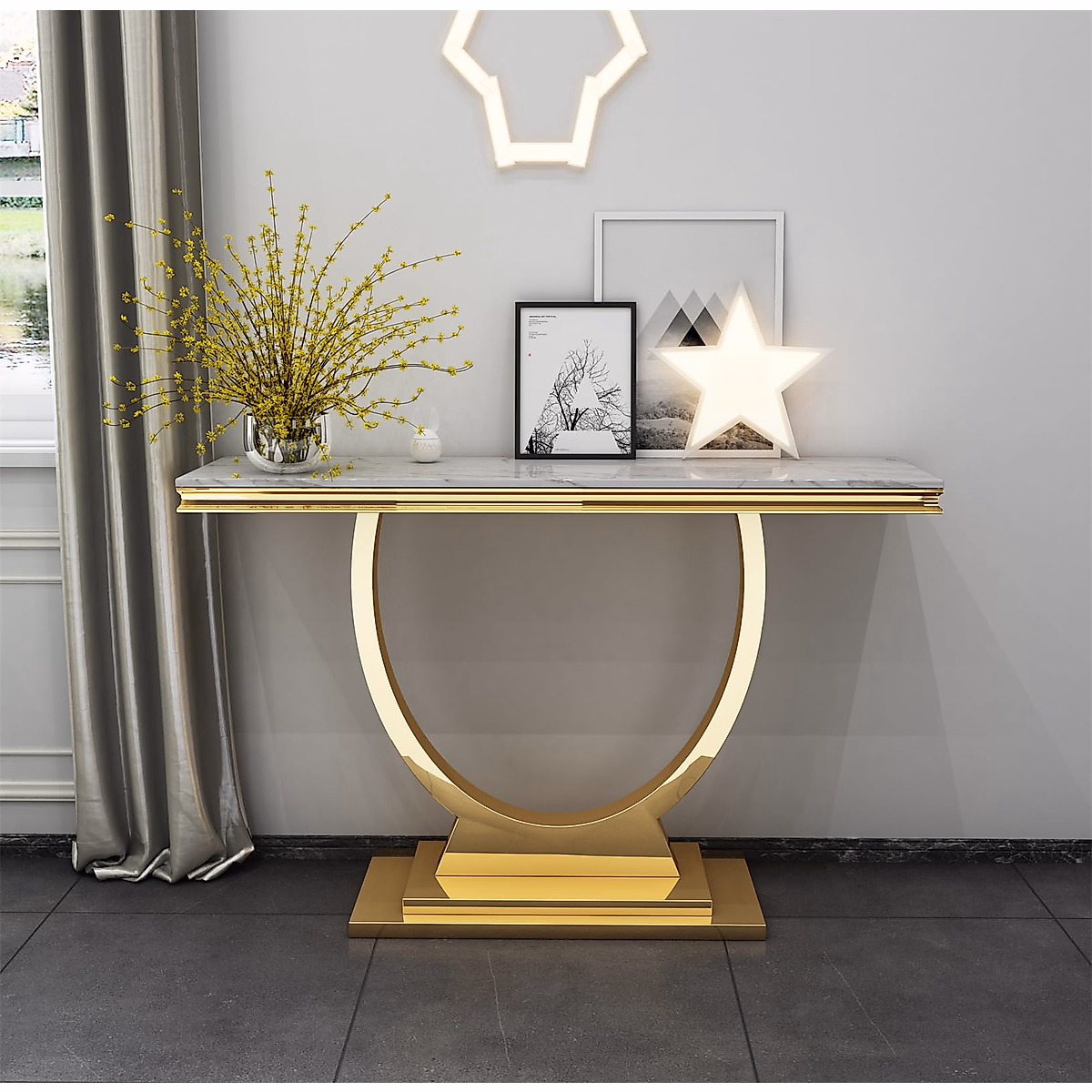 47 Inch Marble Console Table w/Gold U-Shaped Stainless Steel Base Mid-Century Modern Entryway Table for Living Room Hallway Luxury Foyer Table Sofa Table witn High Glossy Finish (White&Gold)