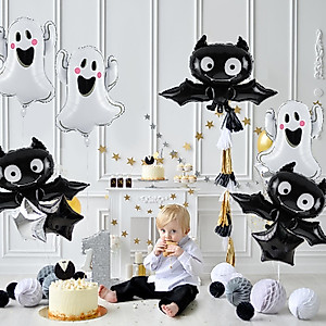 FEBSNOW Halloween Foil Balloons 8 Pack Halloween White Ghost Black Bat Mylar Balloons 30 Inch Halloween Decor Balloons for Halloween Party Favors Supplies