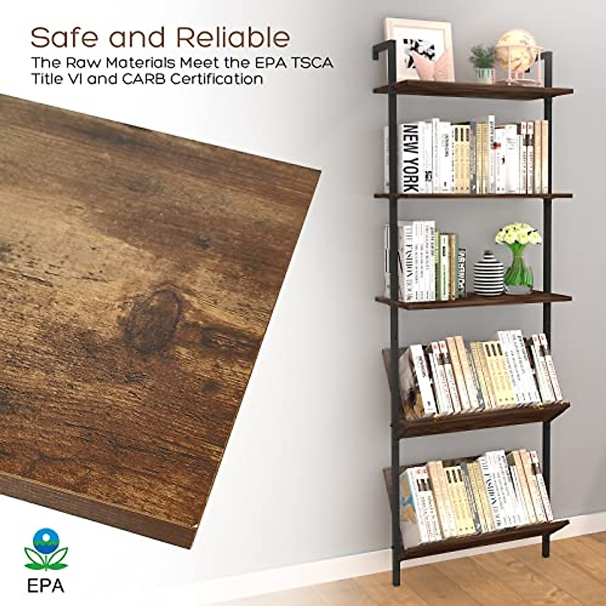 bukfen Ladder Bookshelf, 5 Shelf Modern Bookcase, Wall Mount Industrial Bookshelf, Open Wood Storage Shelves with Metal Frame for Bedroom Office, Rustic Brown