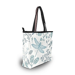 Shoulder Bag Large Beach Travel Tote Bag Blue Dragonfly Printed Handbags with Handle Top Zipper Closure