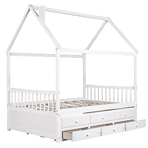 Harper & Bright Designs Full House Bed with Trundle and 3 Storage Drawers, Full Captain's Beds Wooden Storage Daybed Frame for Kids Teens Boys Girls (Full Size, White)