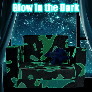 Fivetry Kids Sofa - Comfy 2-in-1 Kids Couch Bed Glow in The Dark Baby Modular Dinosaur Couch Kids Chairs Comfy Toddler Convertible Couch Bed for Girls and Boys, Grey