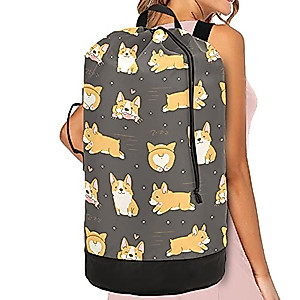 Corgi Dogs Laundry Bag Large Heavy Duty Laundry Backpack with Adjustable Shoulder Straps for Traveling Dirty Clothes Organizer for College Students Waterproof
