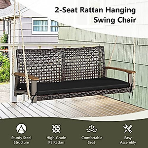 Tangkula 2 Person PE Wicker Porch Swing Bench, Outdoor Hanging Swing with Soft Seat Cushion and Hanging Ropes(Length of 118" for Each Chain), 800 LBS Weight Capacity (Black)