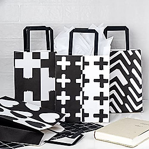 LeZakaa 10" Medium Gift Bags Assortment with Tissue Paper, 4 Pack in White and Black Design for Shopping, Birthday or Any Occasion