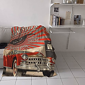 Ultra Soft Flannel Fleece Bed Blanket Vintage Car Filling Station Route 66 Throw Blanket All Season Warm Fuzzy Light Weight Cozy Plush Blankets for Living Room/Bedroom 50x60in