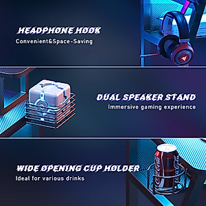 TREETALK Gaming Desk with Power Outlet&Led Lights, Computer Desk with Monitor Stand and Open Shelf,Gamer Table Workstation with Cup Holder, Headphone Hook, 2 Speaker Stand for Home Office