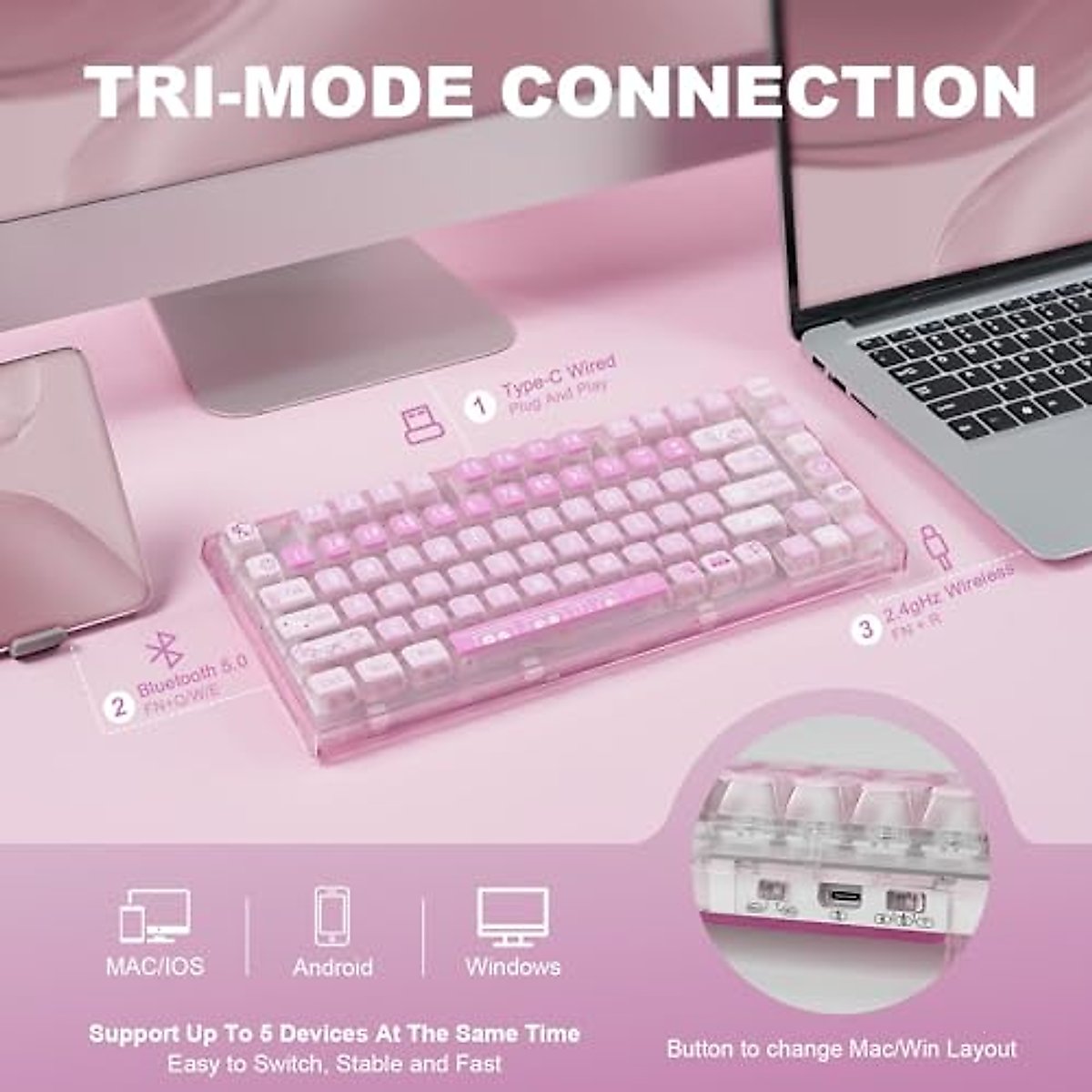 YUNZII X75 PRO 82 Key Wireless Hot Swappable Mechanical Gaming Keyboard with Transparent Keycaps,BT5.0/2.4G/USB-C, Gasket Mount Keyboard,for Windows/Mac (Crystal White Switch, Wireless-Pink)