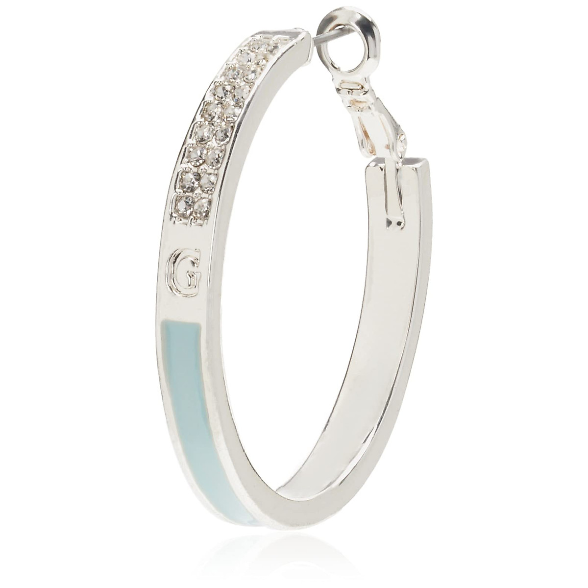 Guess Silvertone Pave Crystal Glass Stone and Light Blue Hoop Earrings