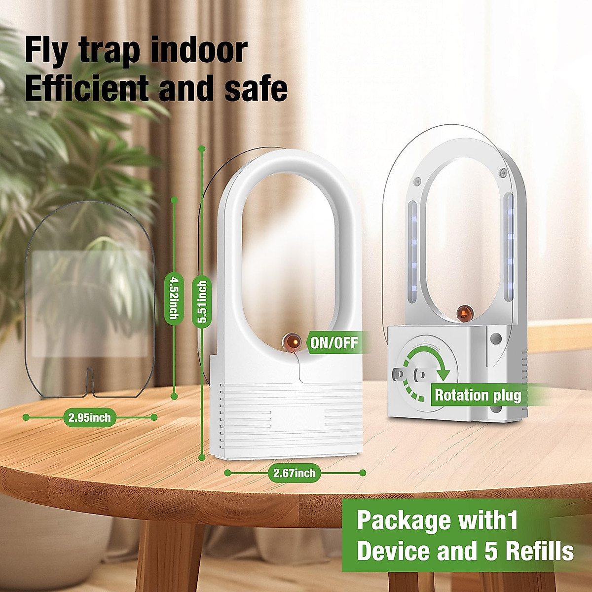 Fruit Fly Traps for Indoors, Plug in Fly Trap Indoor Bug Catcher with Double Sided Glue Card, Flying Insect Trap Gnat Traps for Mosquito, Flies, Fruit Flies, Moths, Gnats (1 Device + 5 Refills)
